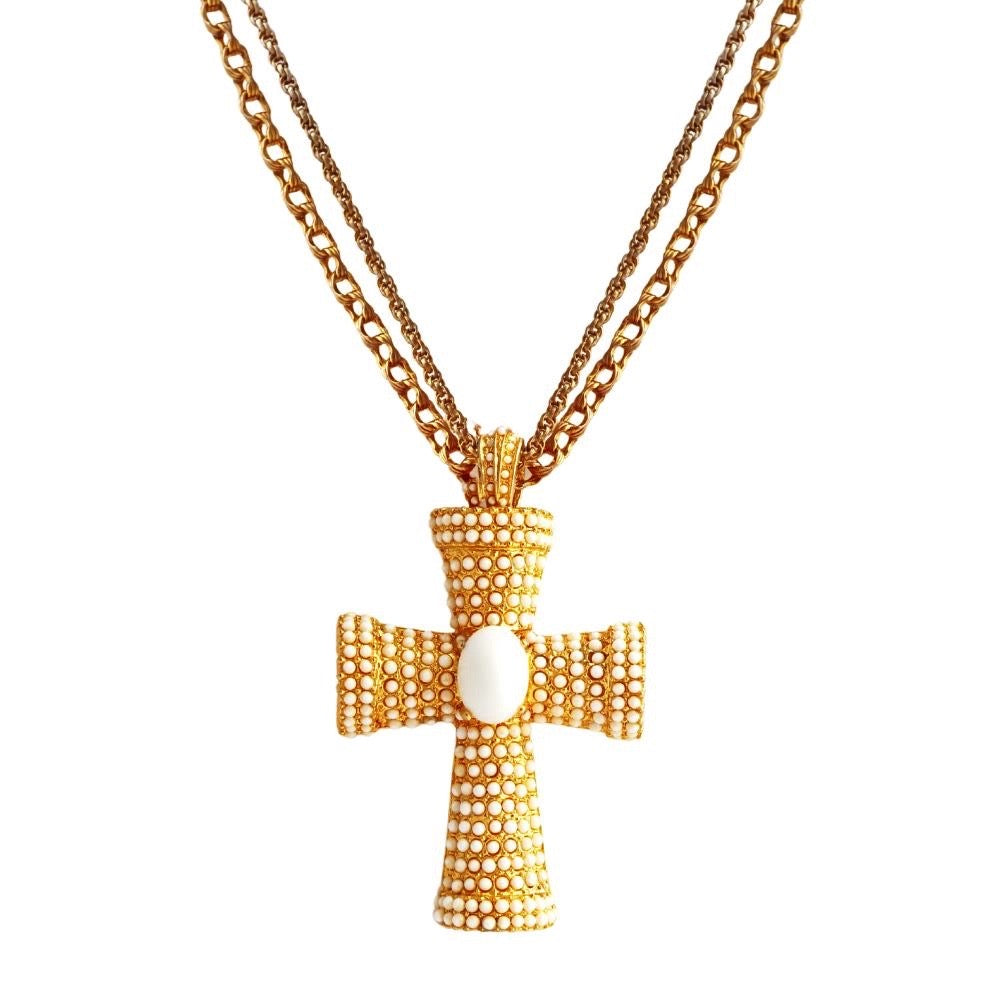 Milk Glass Micro Pavé Cross Statement Necklace By Vogue, 1950s – Stylemined